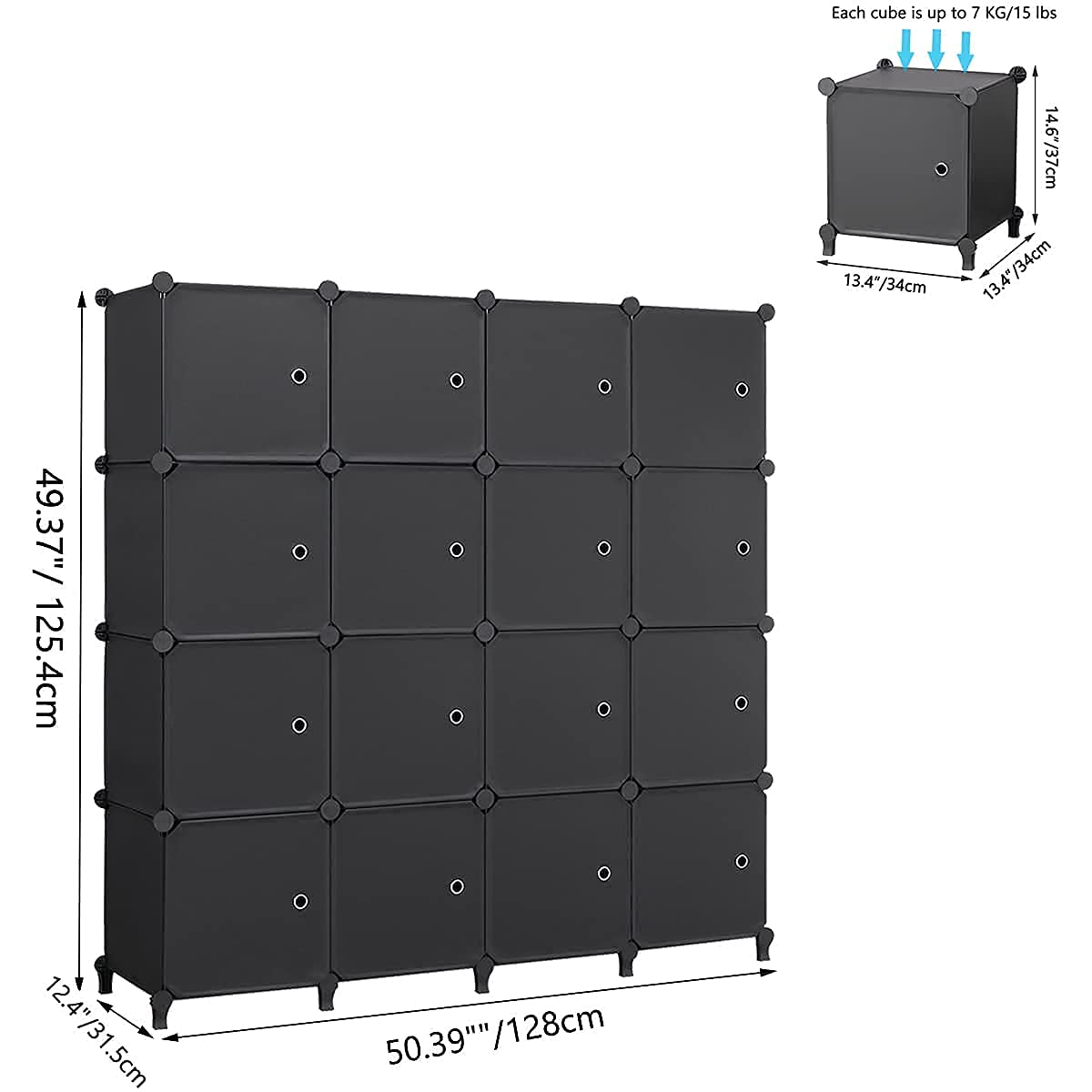 ANWBROAD Cube Storage Organizer, 16-Cube Modular DIY Book Shelf with Doors, Closet Clothes Organizer, Plastic Storage Cubbies Cabinet for Living Room Bedroom Office Black ULCS16BM