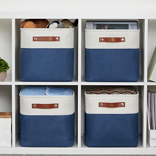 HNZIGE Fabric Cube Storage Bins Basket for Shelves Set of 4, Fabric Storage Cubes Baskets Closet Storage Bins for Cube with Handles, Cubby Storage Bins for Organizing Home Office (White Blue)