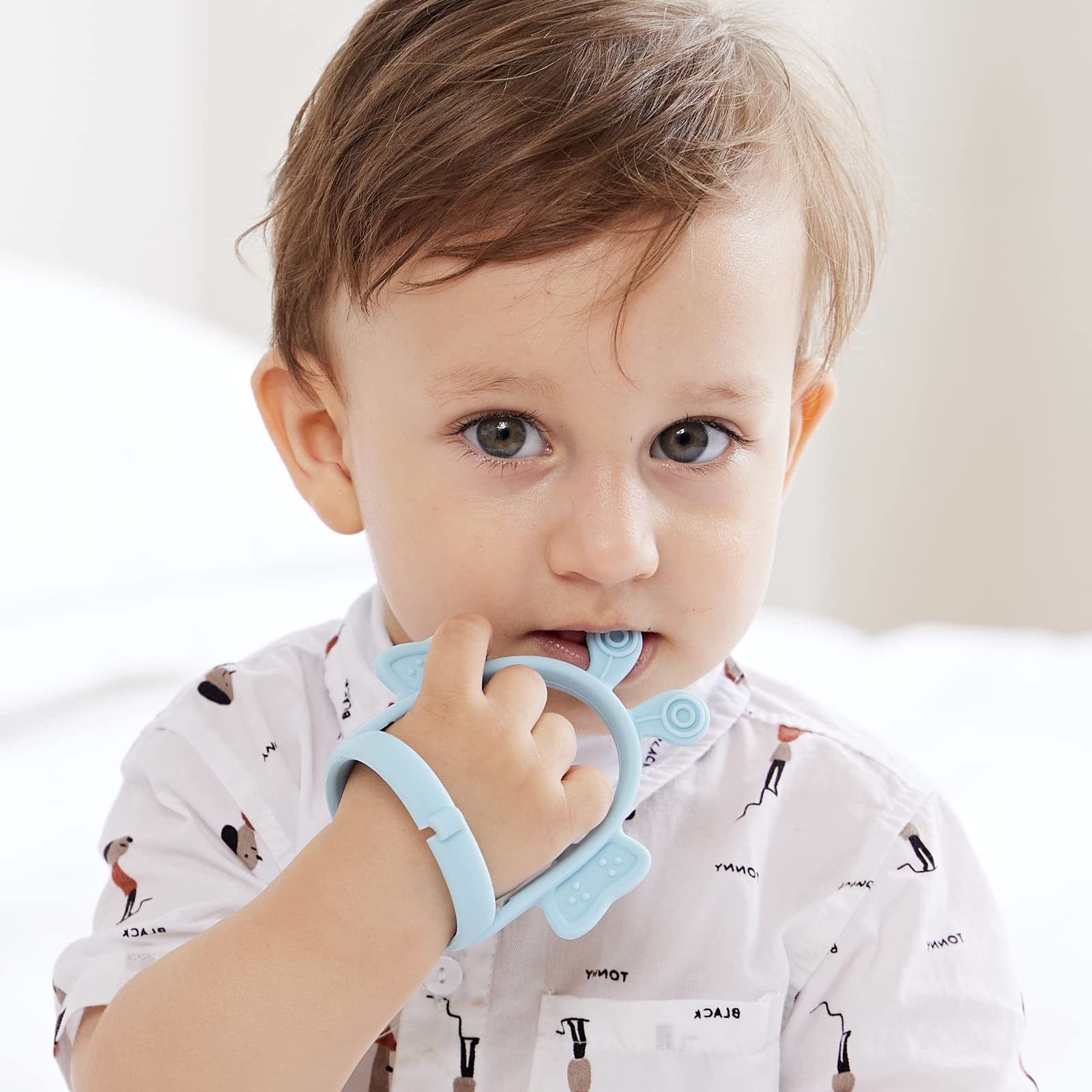 Adjustable Baby Wrist Teethers for Babies Never Drop Silicone Baby Teething Toys for 0 6 12 Months Infants Toddlers Baby Chew Toys for Sucking Needs (Bee-Blue+Brown)