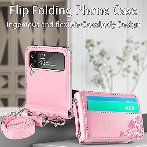 Cabottser Case for Samsung Galaxy Z Flip 3 / Z Flip 4 Wallet Phone Case Lanyard Crossbody, Pink Women Men Soft PU Leather Hard PC Adjustable Strap Card Slots Shockproof Flip Cover for Z Flip 3/4