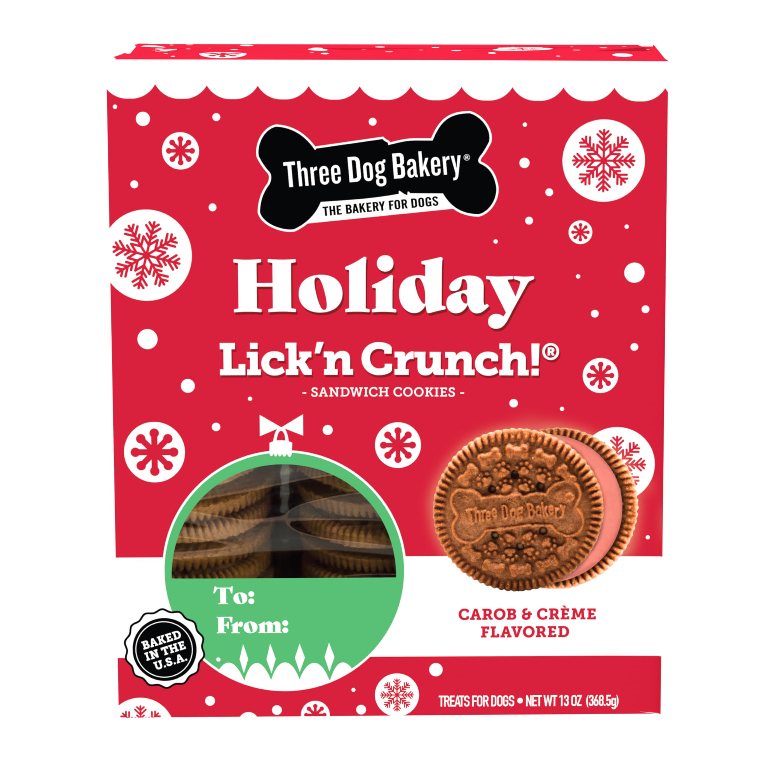 Three Dog Bakery Holiday Lick'n Crunch, Carob Cookie w/Red Crème, Vanilla Flavored Filling, Premium Treats for Dogs, 13 Ounces Each