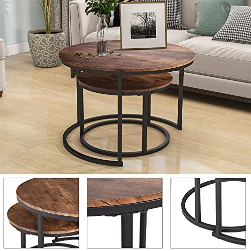 HOJINLINERO Industrial Round Coffee Table Set of 2 End Table for Living Room,Stacking Side Tables, Sturdy and Easy Assembly,Wood Look Accent Furniture with Metal Frame,Black+Rustic Brown
