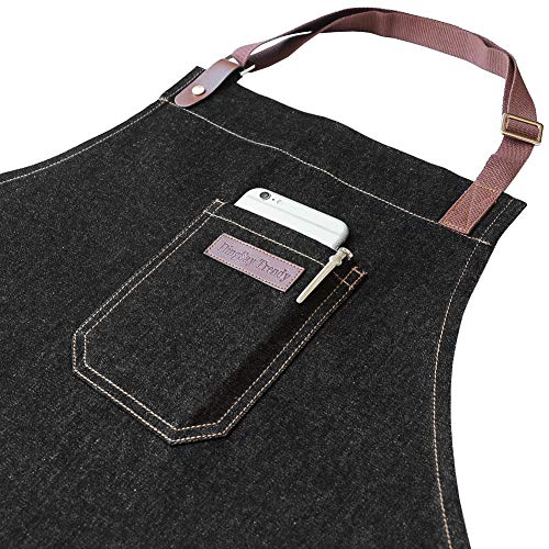 DingSay Trendy Denim Chef Apron with Pockets, Mens Womens Professional Kitchen Bib Black Apron for Cooking Grill BBQ Server, with Towel Loop and Adjustable Neck Straps