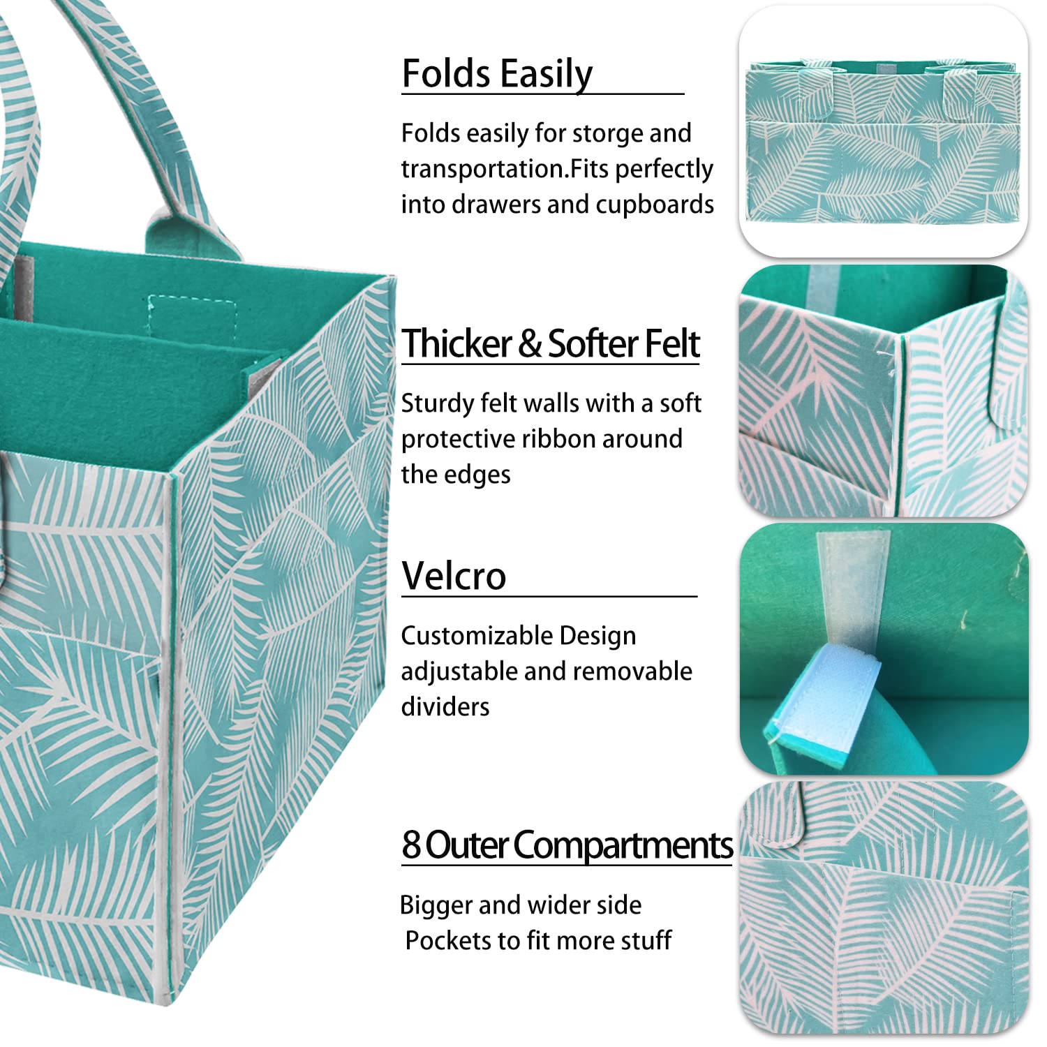 Felt Baby Diaper Caddy Organizer - Changing Table and Car Organizer for Diapers and Baby Wipes, Gift Registry For Baby Shower, Nursery Storage Basket and Bin, Green Leaves