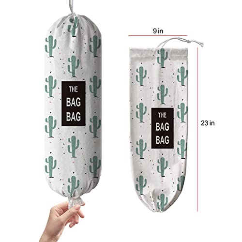 DINGWEN Cactus Pattern Grocery Bag Storage Holder, Wall Mount Free Adjustment with Drawstring, Washable Canvas Plastic Bag Organizer, Grocery Bag Storage Dispenser ​for Home Kitchen, 23x9 inch