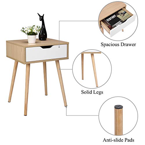 Bonnlo Wood&White Nightstands Set of 2 End Side Table with Spacious Drawer & Solid Wood Legs for Livingroom, Bedroom, Dorm
