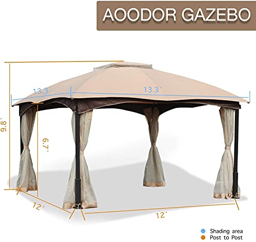 Aoodor Patio Gazebo 12' x 12' Metal Frame with Mesh Netting Canopy Top - Khaki Color