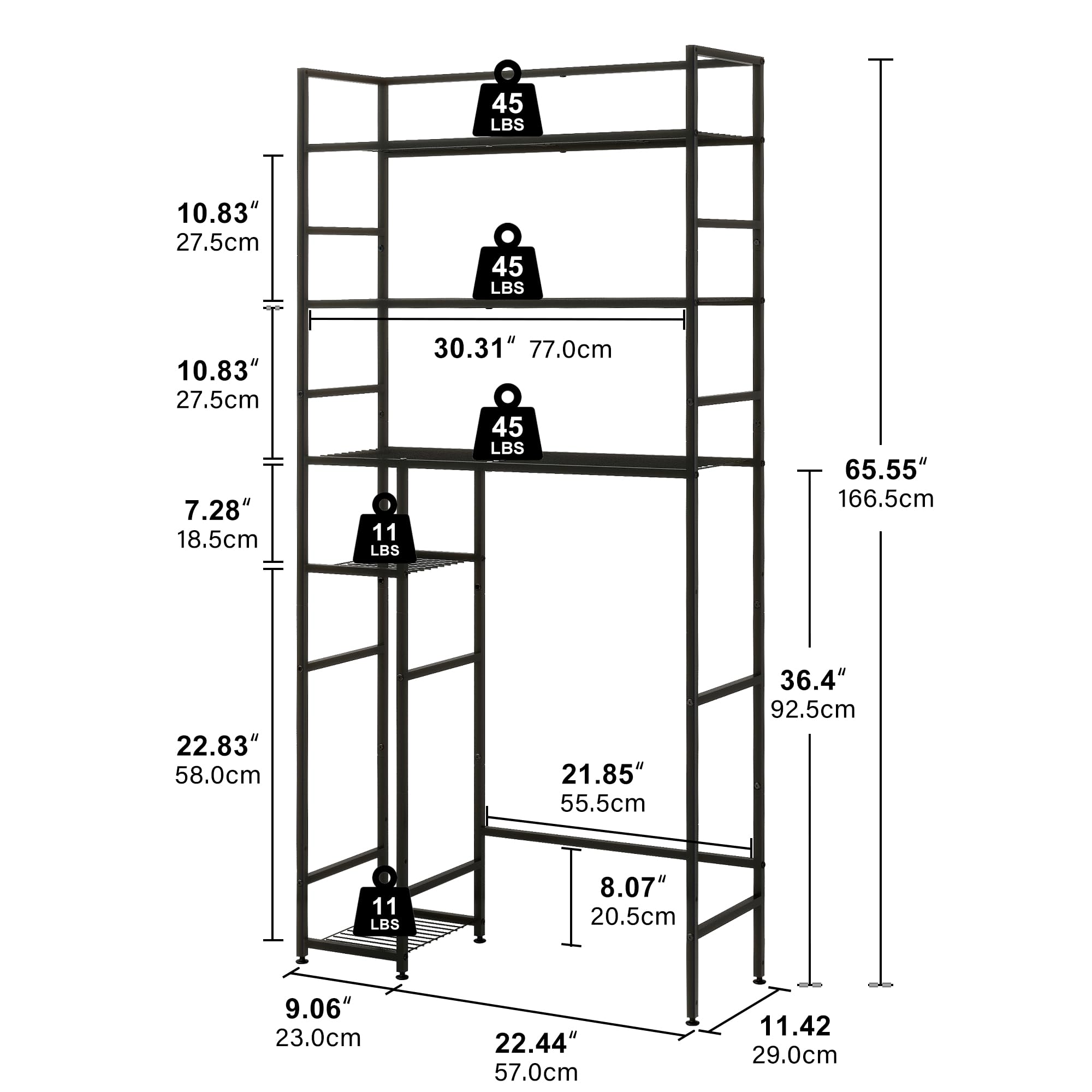 MallBoo Over The Toilet Storage, 5 Tier Bathroom Organizer Shelf, 31.5''W Toilet Rack with Adjustable Feet, Bathroom Rack for Restroom, Laundry, Balcony(Black)