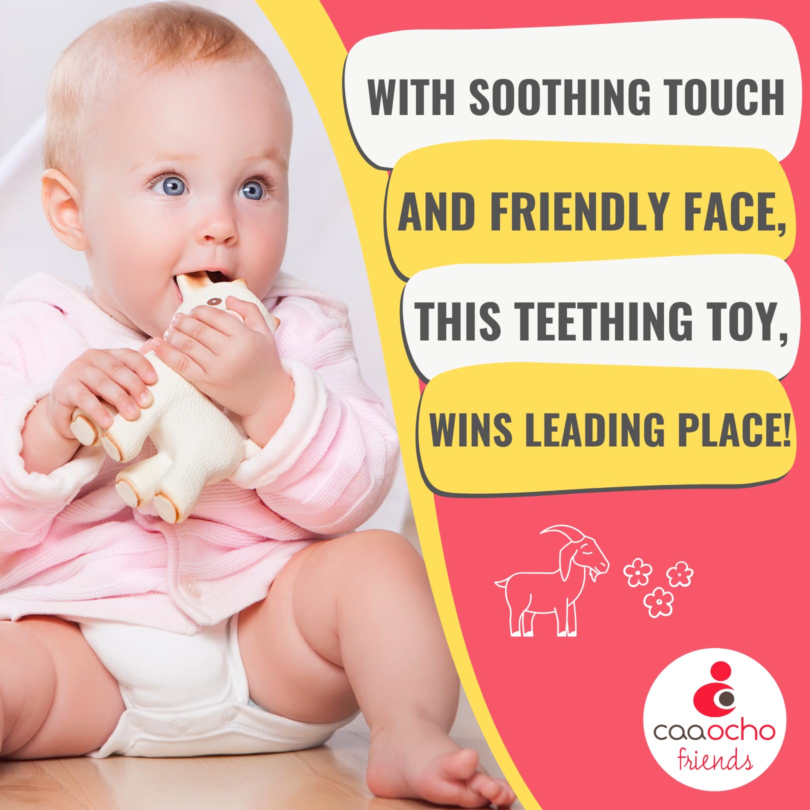 CaaOcho Pure Natural Rubber Teething Baby Toy - Sola The Goat Teether for Babies, BPA Free Baby Toy, All Natural Teething Toys for Babies 0-6, Safe and Fun Molar Teether Toy