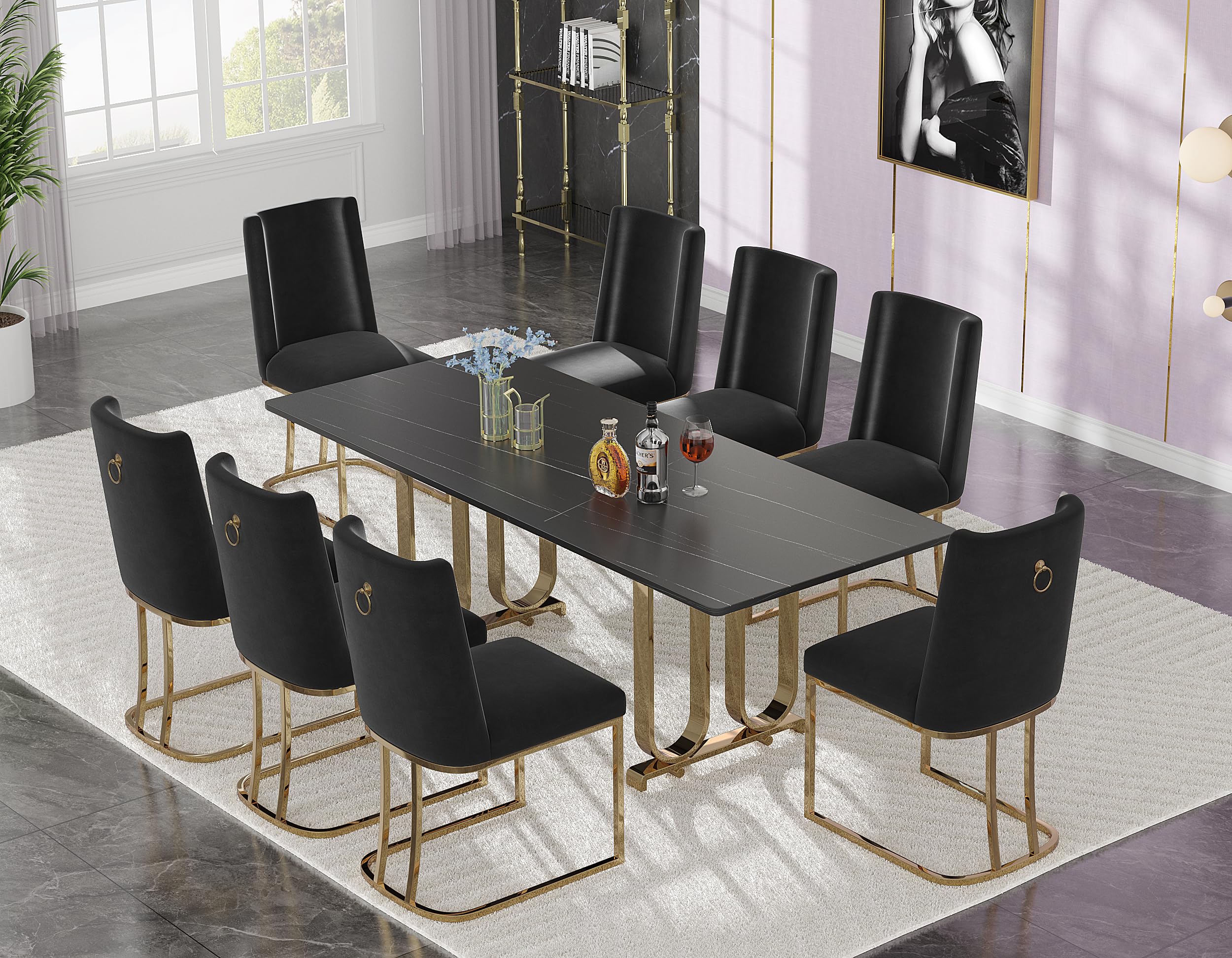 71 Inch Modern Black Dining Table Kitchen Table with Brushed Brass Metal Legs, Lauren Gold&Black Top Wood Dining Room Table for 8, Rectangle Contemporary Dining Table for 6