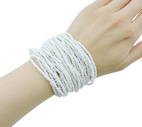 Coiris Wooden Buckle Clasp Elastic Stretch Multi Layers Seed Beads Wide Wrap Bracelet for Women (BR1167-white)