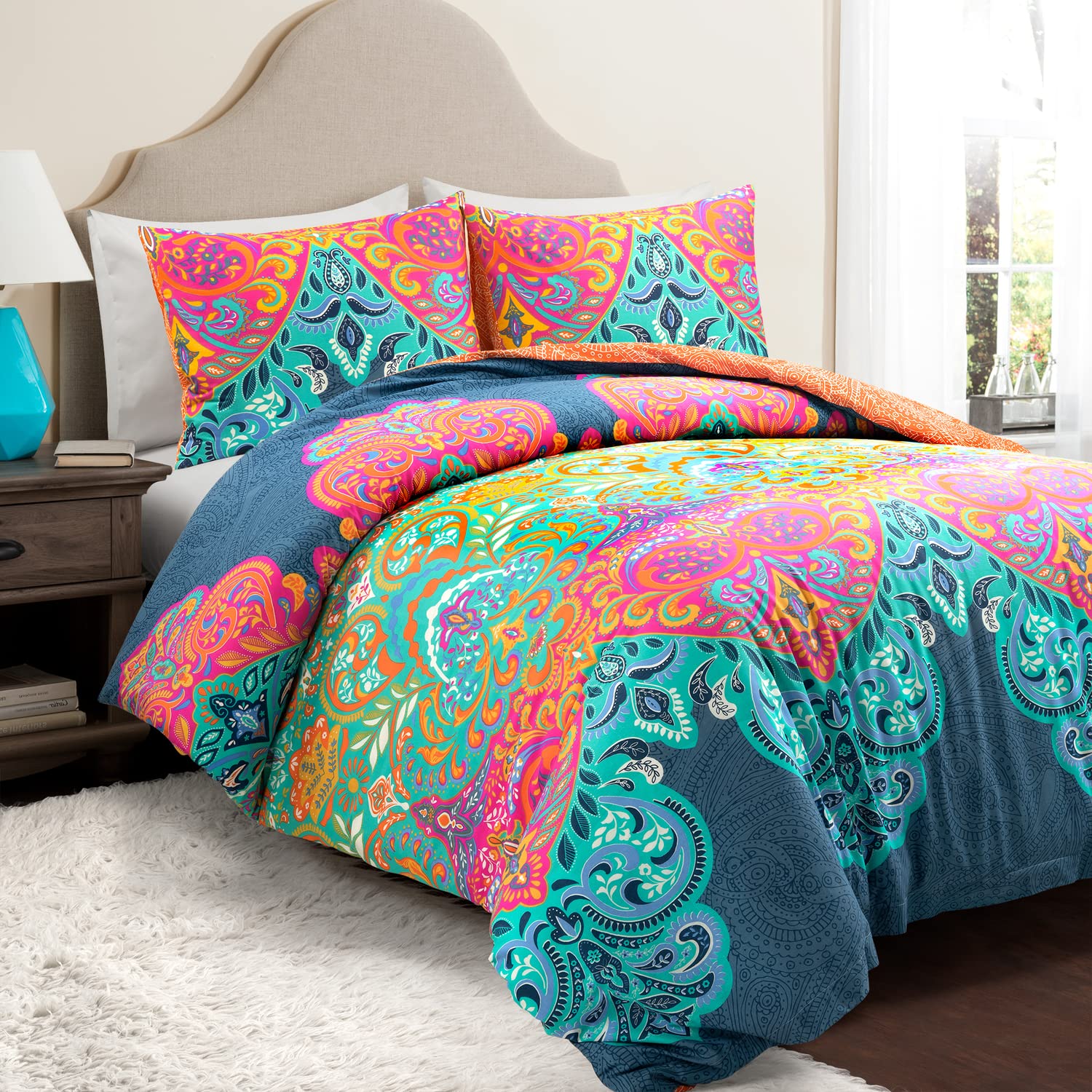 Lush Decor Boho Chic Reversible 3 Piece Cotton Duvet Cover Set, Full/Queen, Turquoise & Navy