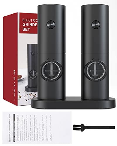 COKUNST Electric Pepper and Salt Grinder Set, Battery Powered Adjustable 5 Levels of Coarseness Black Pepper Grinder Mill with Stand, Automatic Grinding with LED Light for BBQ Resturant Kitchen