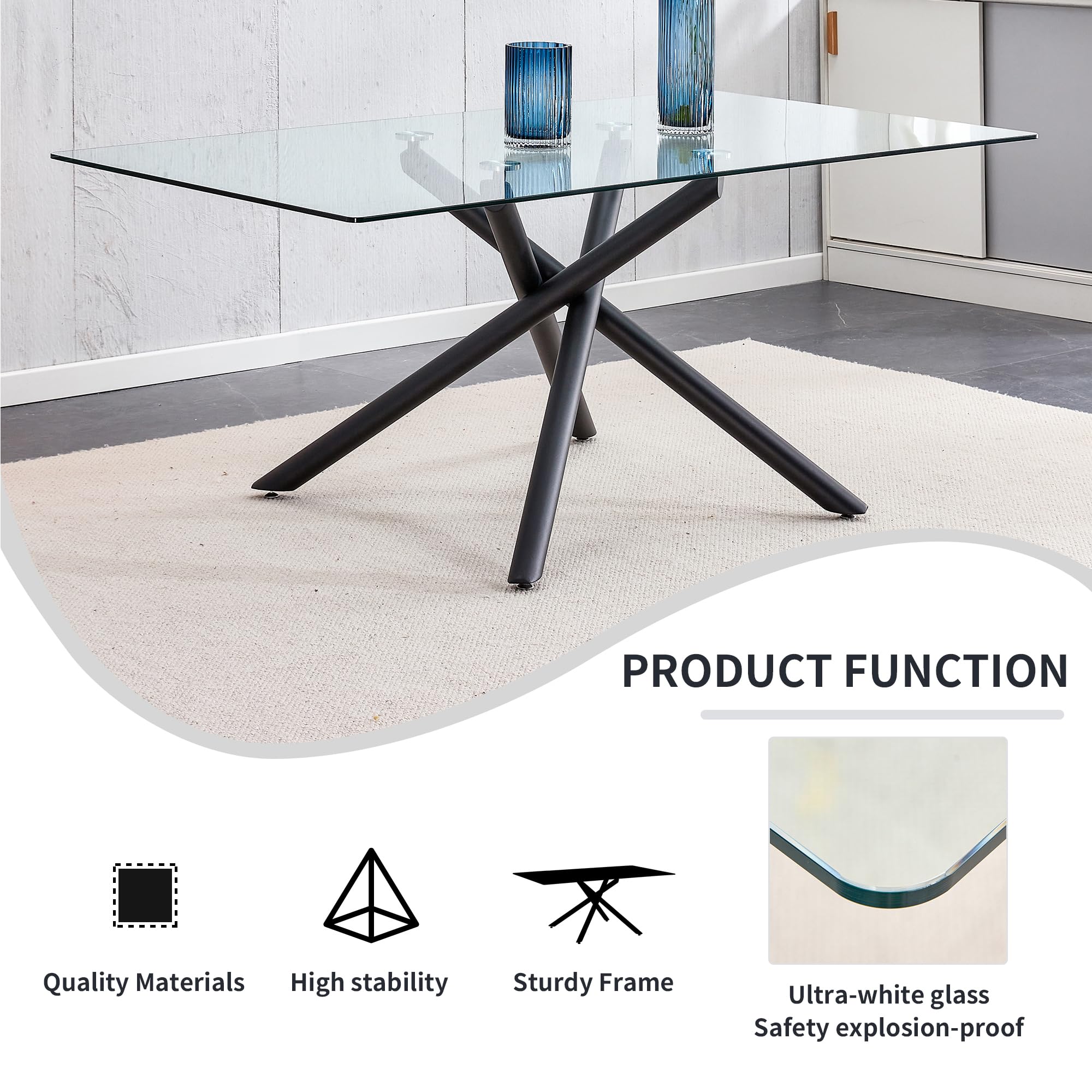 71" Modern Large Tempered Glass Top Dinner Table,Black Chrome Metal Base Rectangular Glass Dining Table for Seating 4-6-8 People,Living Room Glass Table,Kitchen Glass Table,Office Glass Table