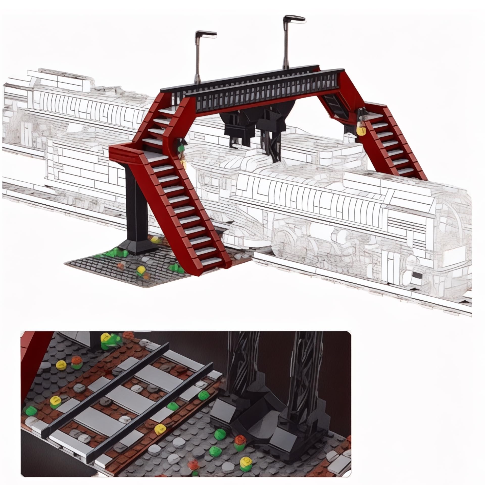 General Jim's Red Railway Crossing Modular Building Block Bricks Set, Contains 655 Brick Pieces, Base Plates Included, for Adults, Teens and Train Enthusiast