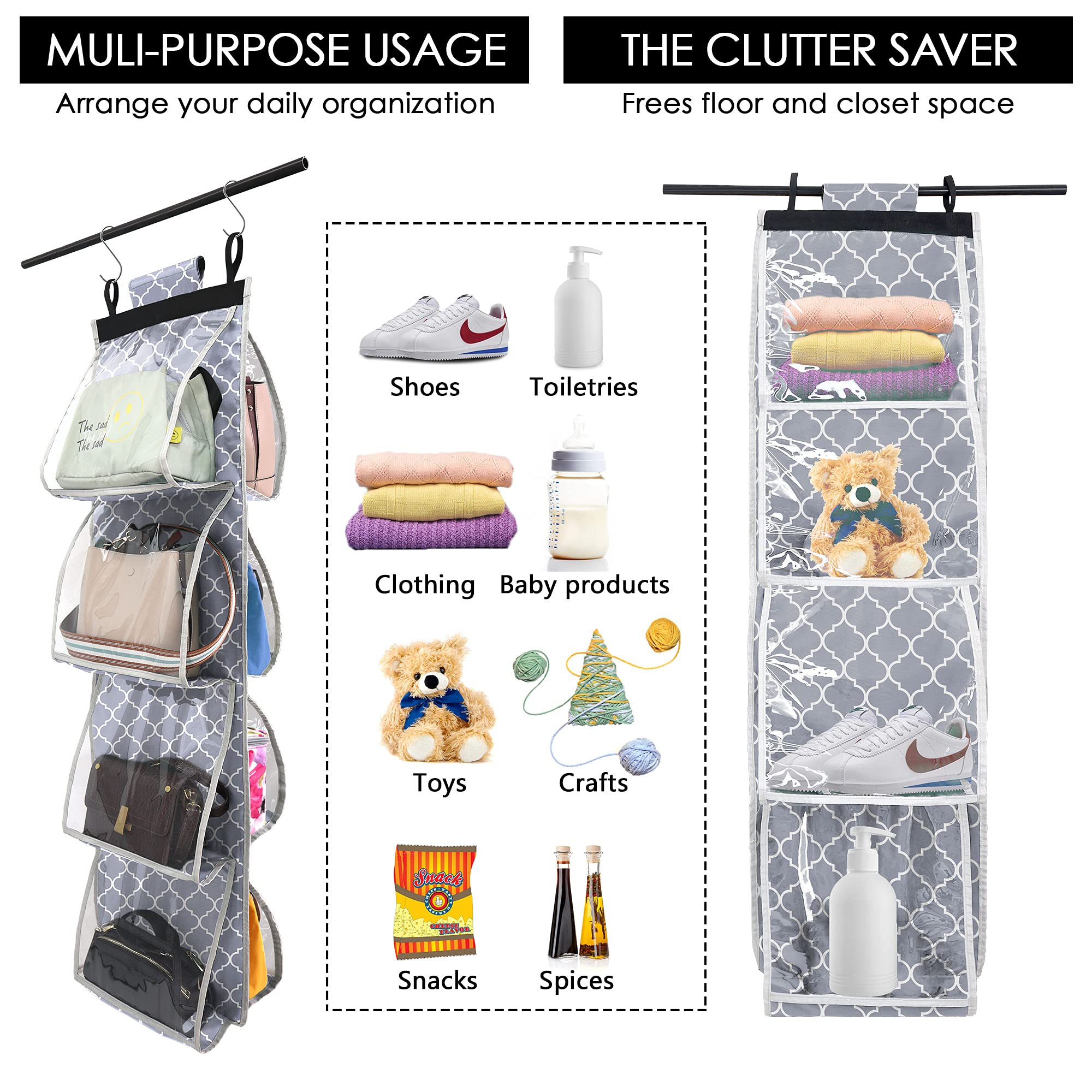 BeeGreen Purse Organizer for Cloest Handbag Storage Bag Hanging Purse Holder with 8 Clear Pockets & 2 Swivel Hooks, Grey with White, 16" x 10" x1.3" for Women