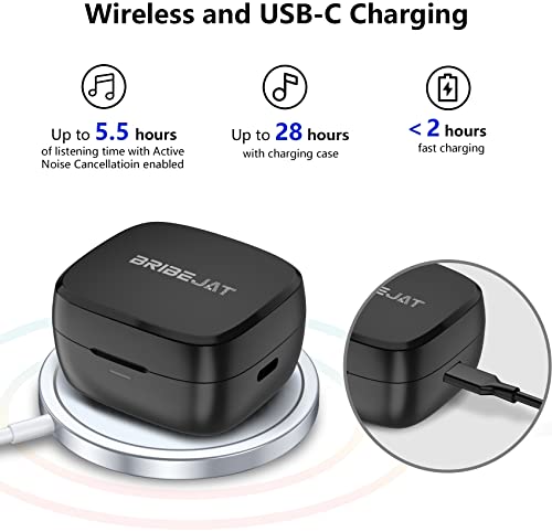 BRIBEJAT B02 Pro Wireless Earbuds with Active Noise Cancellation Touch Control, Wireless Charging Case, Bluetooth 5.2 in-Ear Headset Built-in Mic with Stereo Premium Deep Bass Immersive Sound, Black
