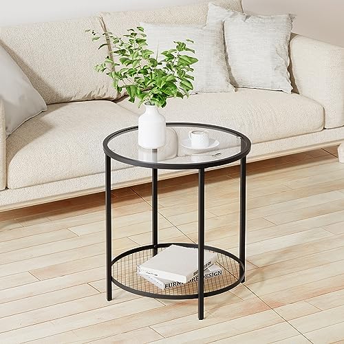 CADANI End Table, Glass Side Table with Open Storage, 2-Tier Black Accent Table with Sturdy Metal Frame, Modern Round Coffee Table for Living Room, Bedroom, Balcony, Patio