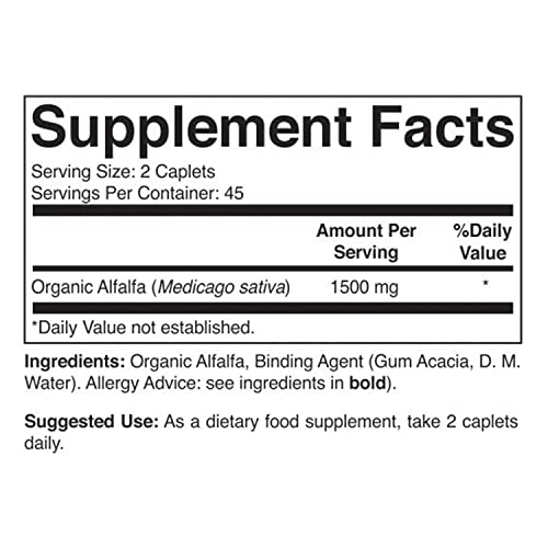 Brieofood Organic Alfalfa 1500mg, 45 Servings, Vegetarian, Gluten Free, 90 Vegetarian Tablets
