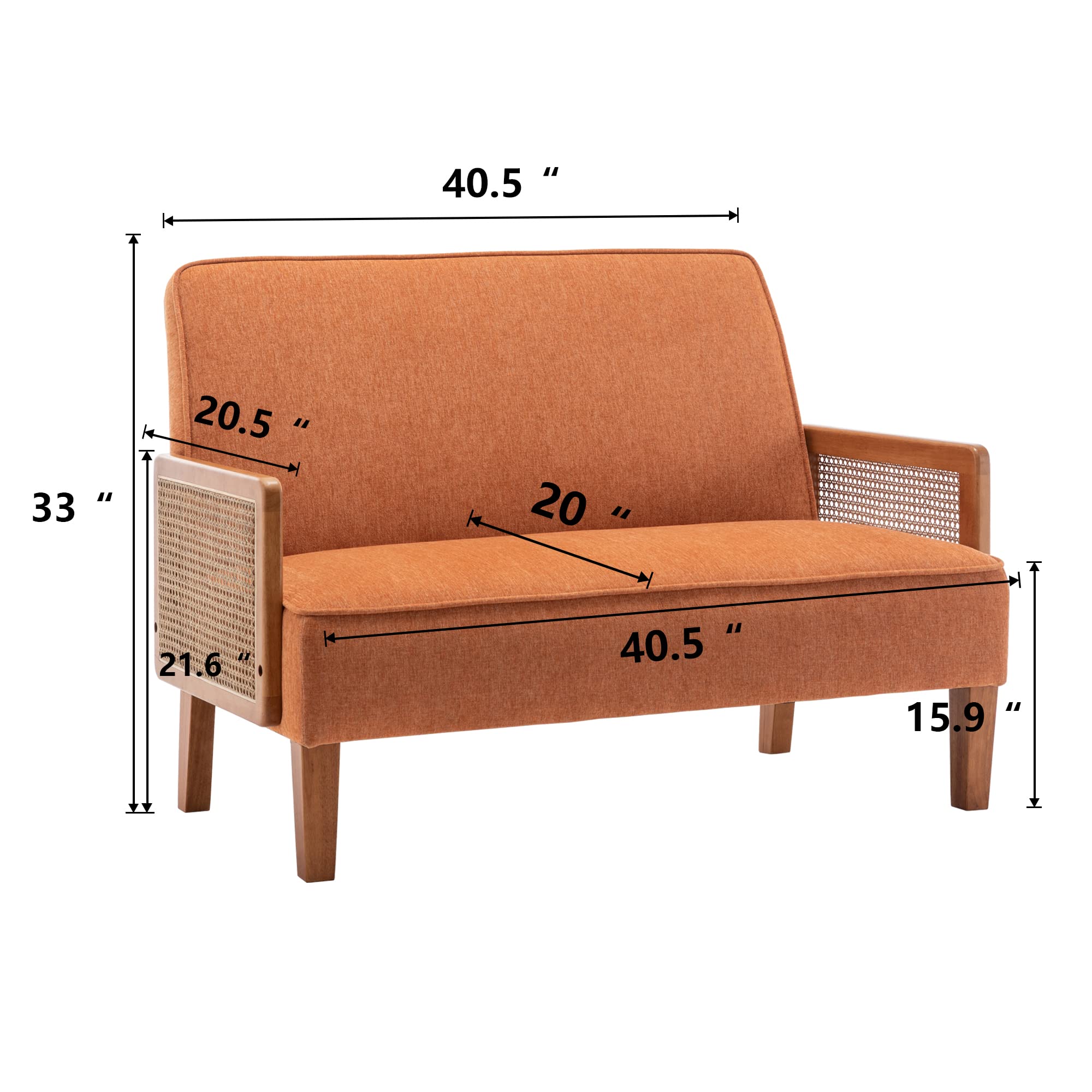 WENTMENT Loveseat Sofa Small Couch for Living Room Love Seat with Natural Rattan Armrest and Solid Wooden Legs Small Sofa for Small Space, Bedroom, Apartment(Orange)