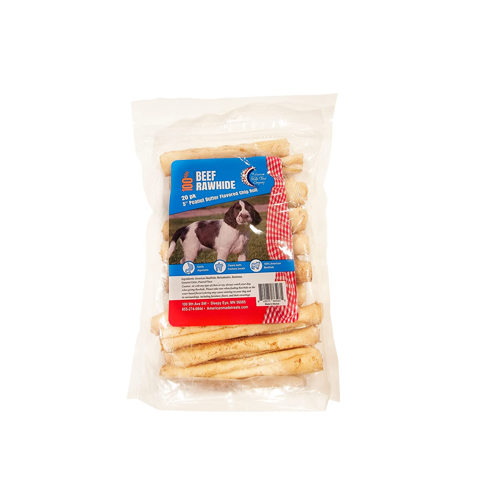 American Made Treat Co - Dog Treats, Peanut Butter Flavor Beef Rawhide Chip Rolls, Puppies to Seniors, Dental Dog Bone Alternative - 5β Rolls - 20 Pack