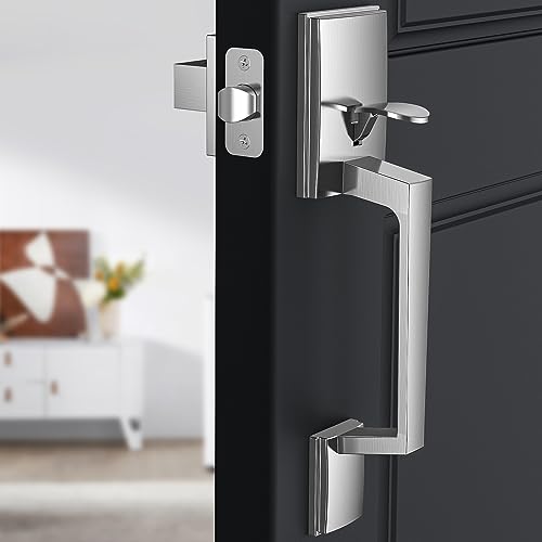 Brightify Front Door Handle, Modern Exterior Door Handle with Passage Door Lever, Front Entry Door Handle No Lock, Reversible for Left & Right Handed Door, Lower Half Grip - Satin Nickel Finish