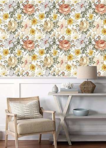 Blooming Wall Beige Multicolor Peony Daisy Peel and Stick Wallpaper Self Adhesive Wall Mural Wall Decor, 14.5 Square Ft/Roll