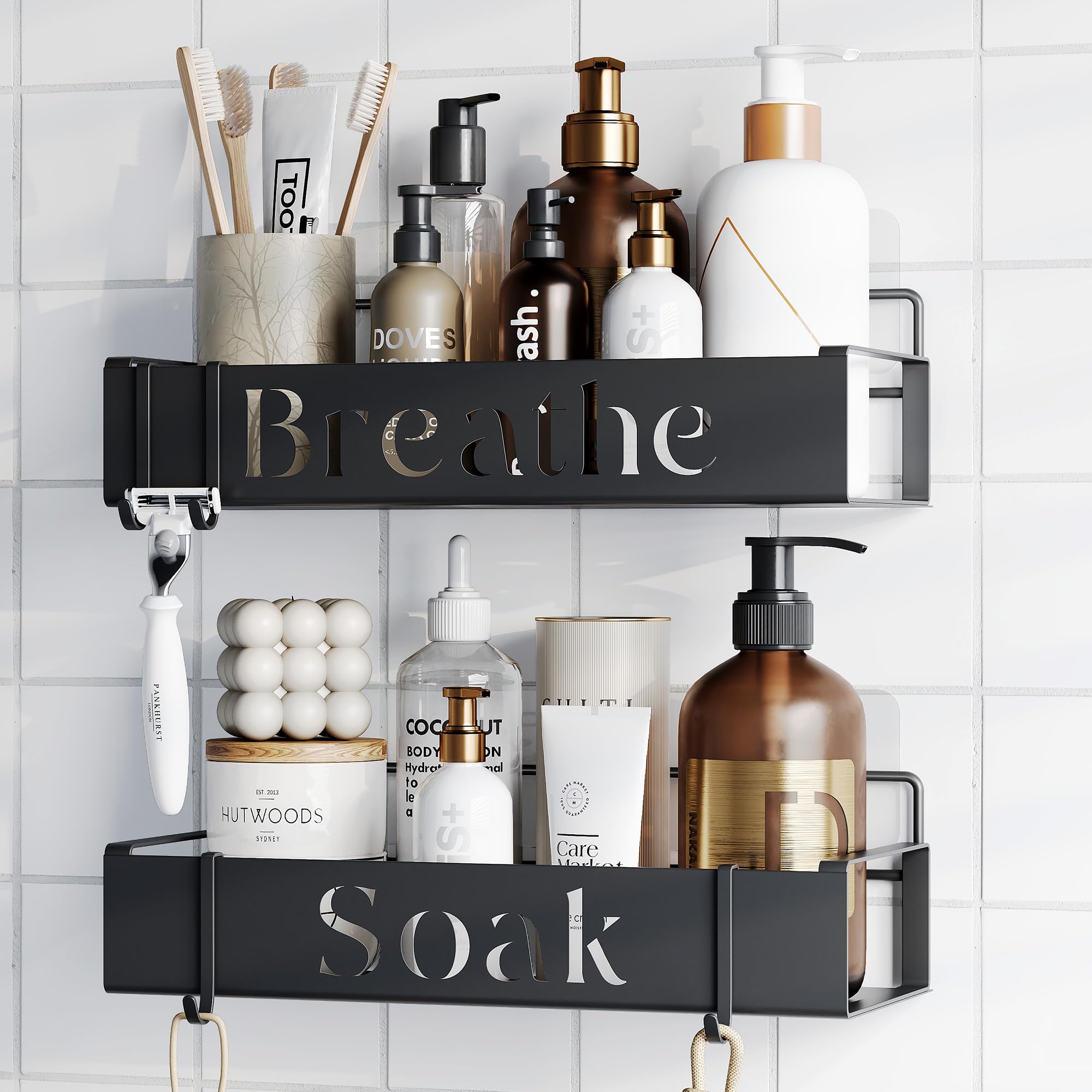 Thideewiz Shower Caddy,Adhesive Shower Shelf with 4 Hooks,No Drill Bathroom Organizer,Hold up to 11 Lbs for Bathroom Organization and Storage - 2 Pack,Black (Breath Soak)