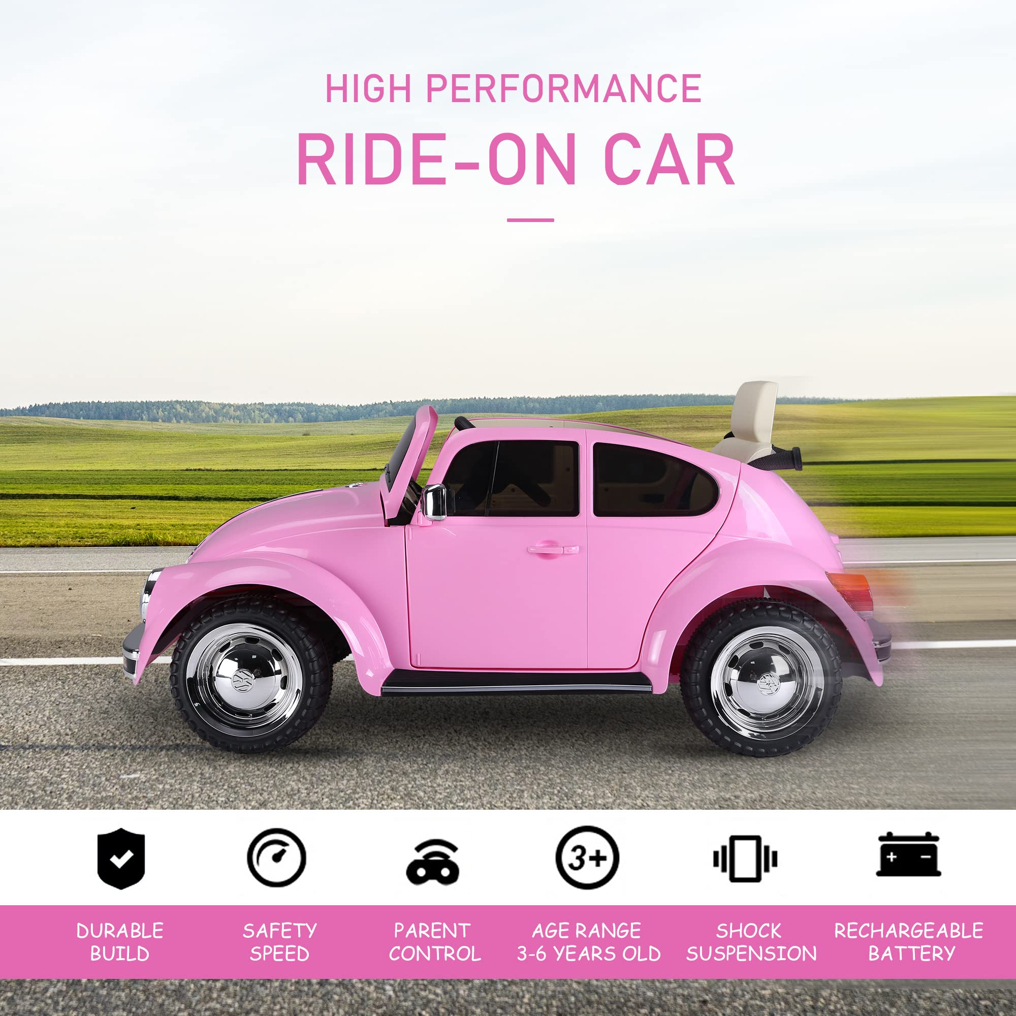 Aosom Licensed Volkswagen Beetle Electric Kids Ride-On Car 6V Battery Powered Toy with Remote Control Music Horn Lights MP3 for 3-6 Years Old Pink