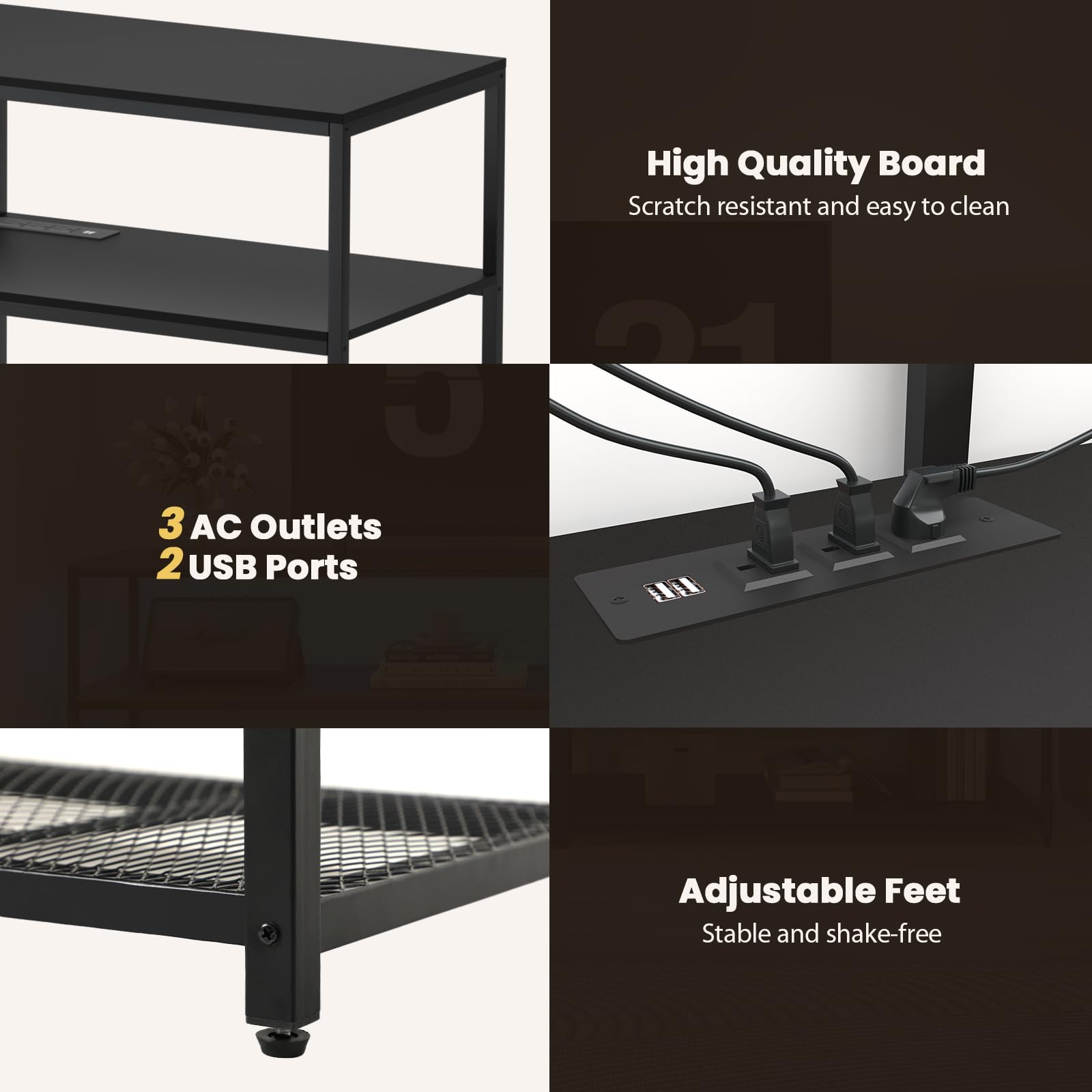 ADOFFUR 63 Inch Horizontal Bookshelf, Industrial 3 Tier Open Book Shelf with LED Strip and Outlets, Wood and Metal Long Bookcase for Home Office (Black)