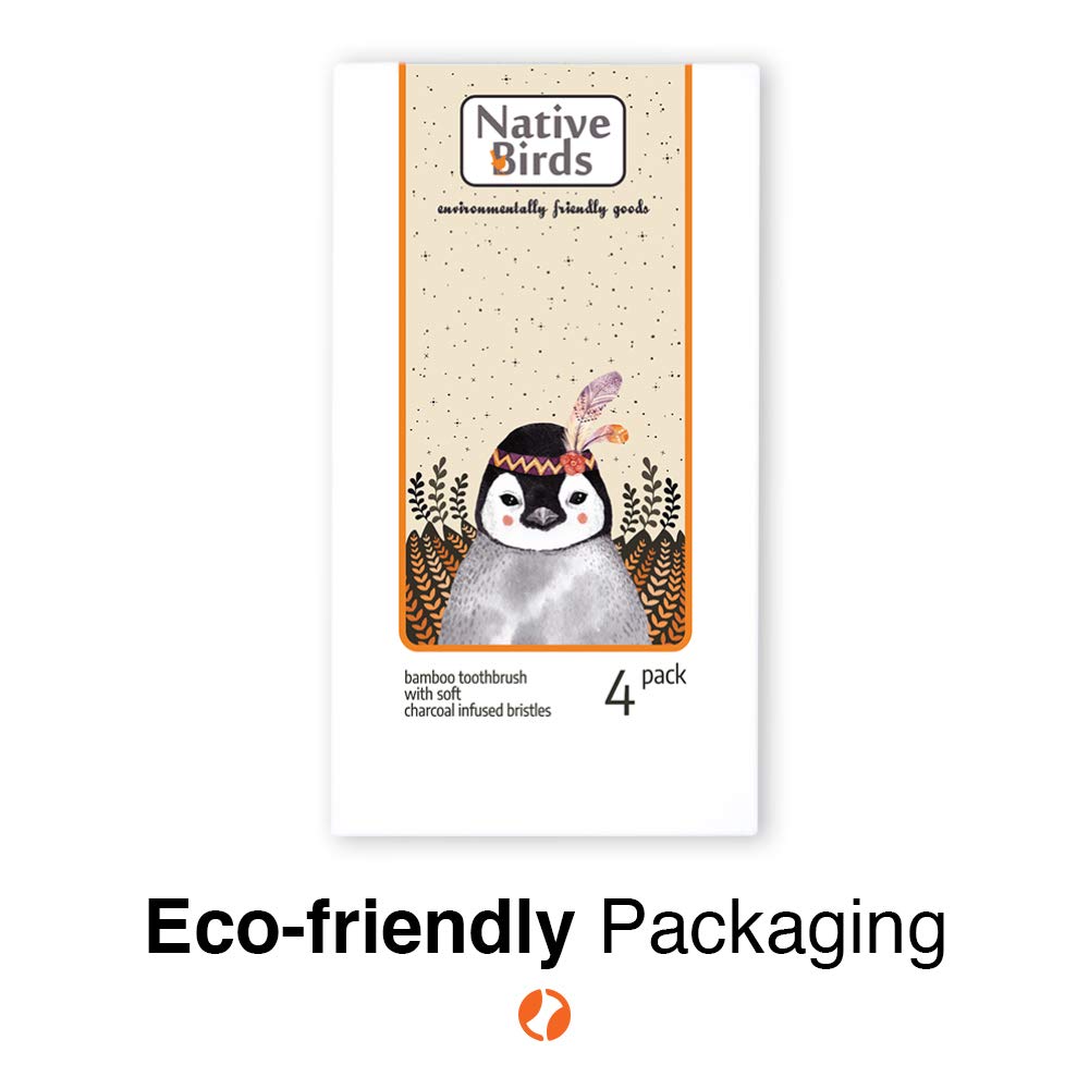 Native Birds Bamboo Toothbrush with Soft Charcoal Infused Bristles, Set of 4