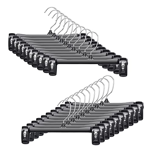 HOUSE DAY Black Pants Hangers, 12 Inch Skirt Hangers with Non-Slip Big Clips and 360° Swivel Hook, Heavy Duty Slim Plastic Pants Hangers, Space Saving Clip Hangers for Pants, Skirts, Shorts, 25 Pack