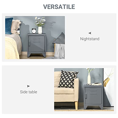 HOMCOM Industrial End Table, Living Room Side Table with Locker-Style Door and Adjustable Shelf, Grey