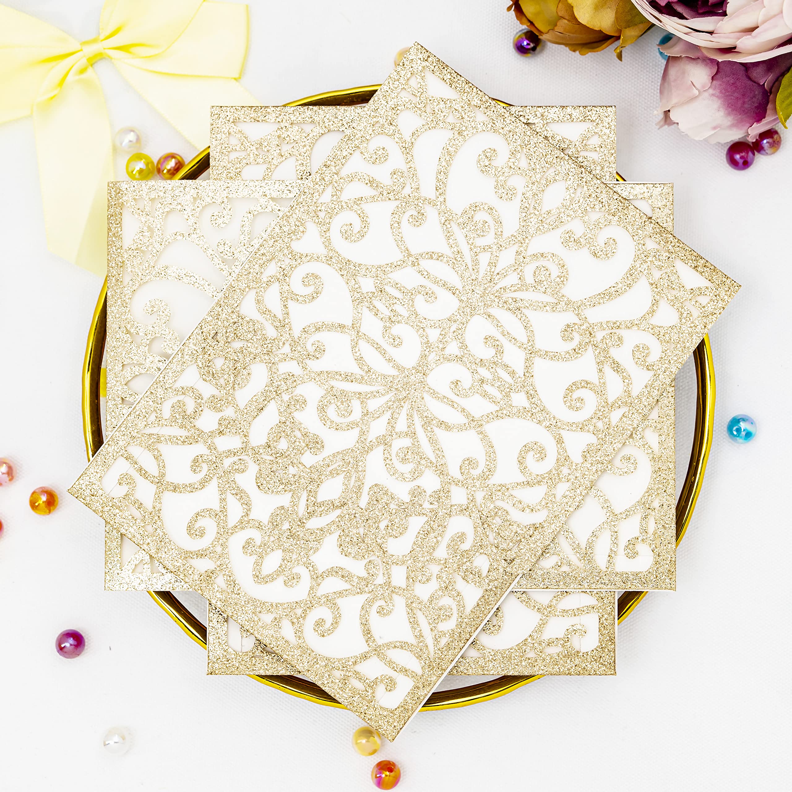 Builcker 20PCS Set Laser Cutting Gold Glitter Invitation Card Greeting Card Graduation Party Wedding Birthday Party Hollow Invitations Flip Invitation Pocket With Envelope (Gold Glitter)