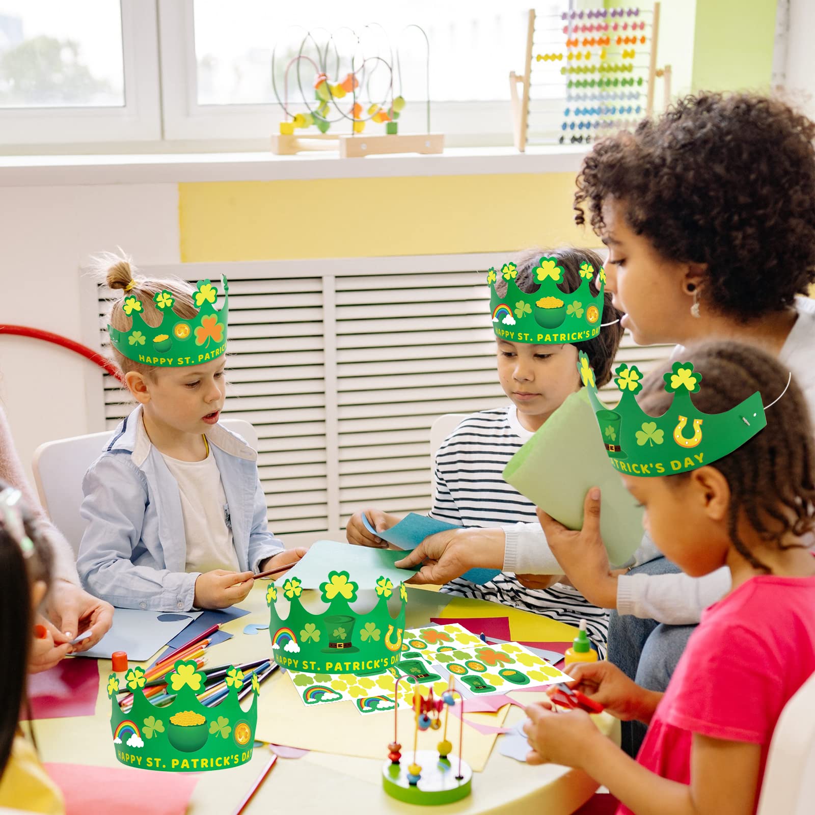 ceiba tree St. Patrick's Day Crown Crafts Kit 24 Pack Shamrock Paper Hats with Stickers for Kids Party Favors