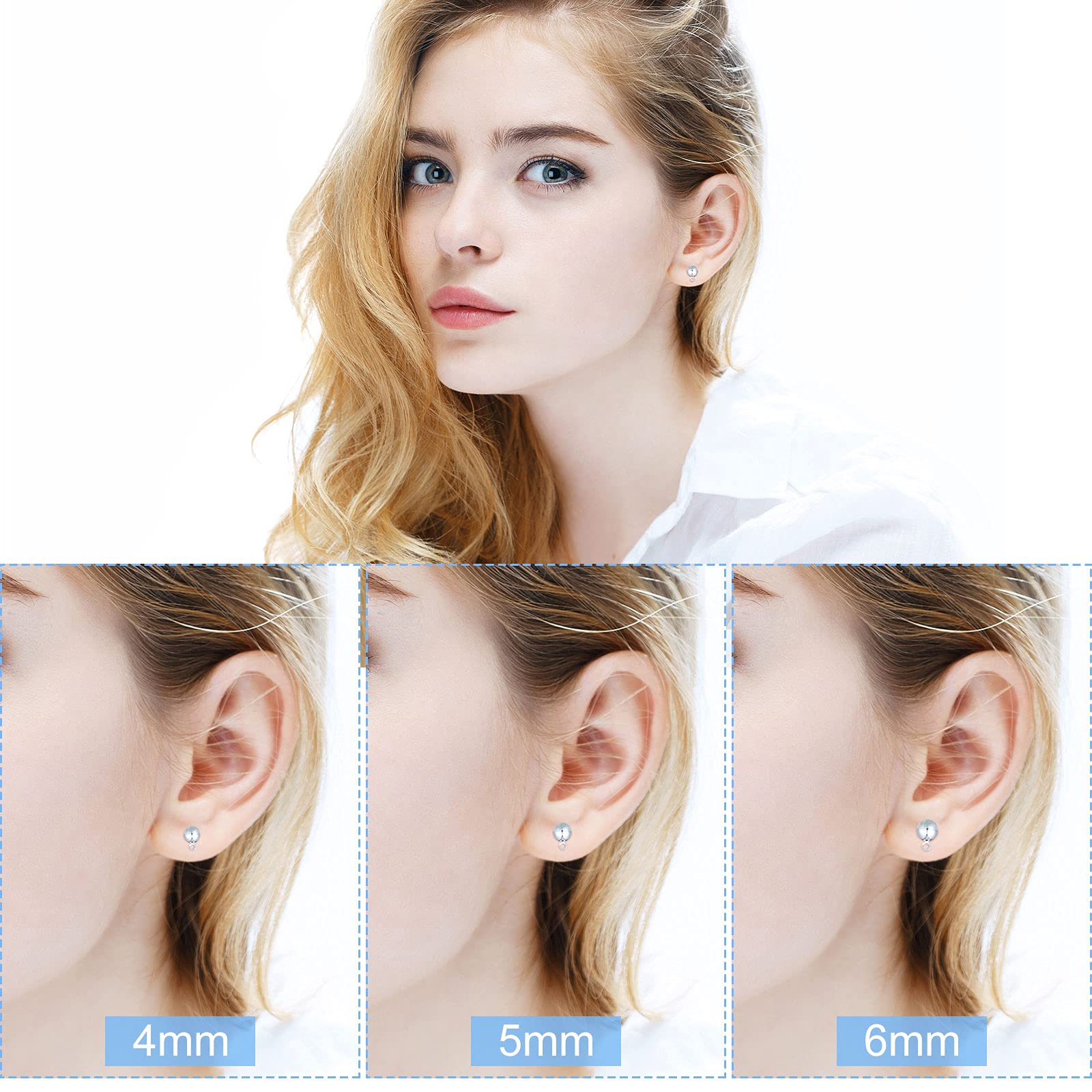 780 Pieces 3 Sizes Ball Post Earring Studs with Loop 4 mm 5 mm 6 mm Round Ball Earring Posts, Butterfly Earring Backs, Silicone Clear Earring Backs, Open Jump Rings for DIY Jewelry (Silver)