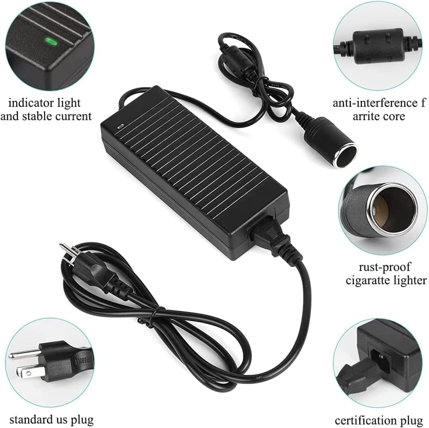 AC 100-240 Adapter to DC 12V 10A 120W Adapter Converter Car Cigarette Lighter Socket Volt Inverter Charger Power Supply Cord for Vacuum RV Cooler Seat Cushion Massage.