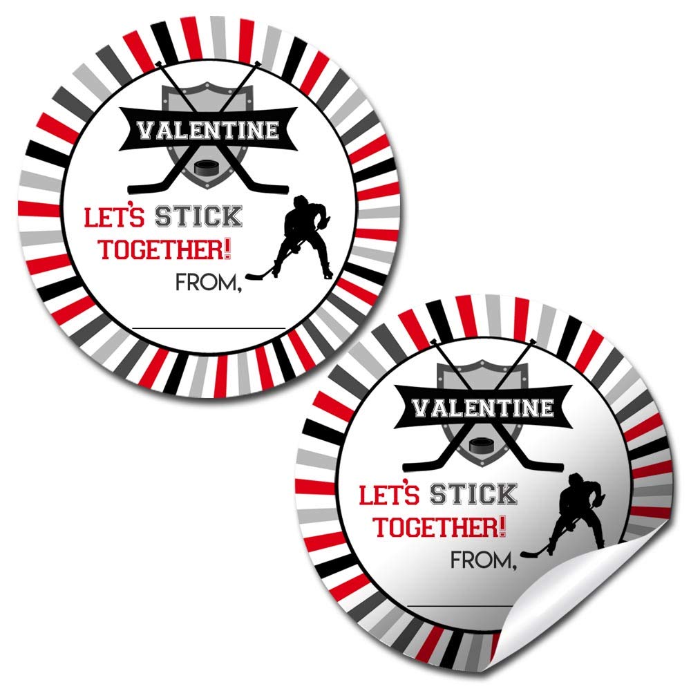 Hockey Valentine Party Favor Sticker Labels for Boys, 40 2" Party Circle Stickers by AmandaCreation, Great for Classroom Valentines, Envelope Seals, Gifts & Treats