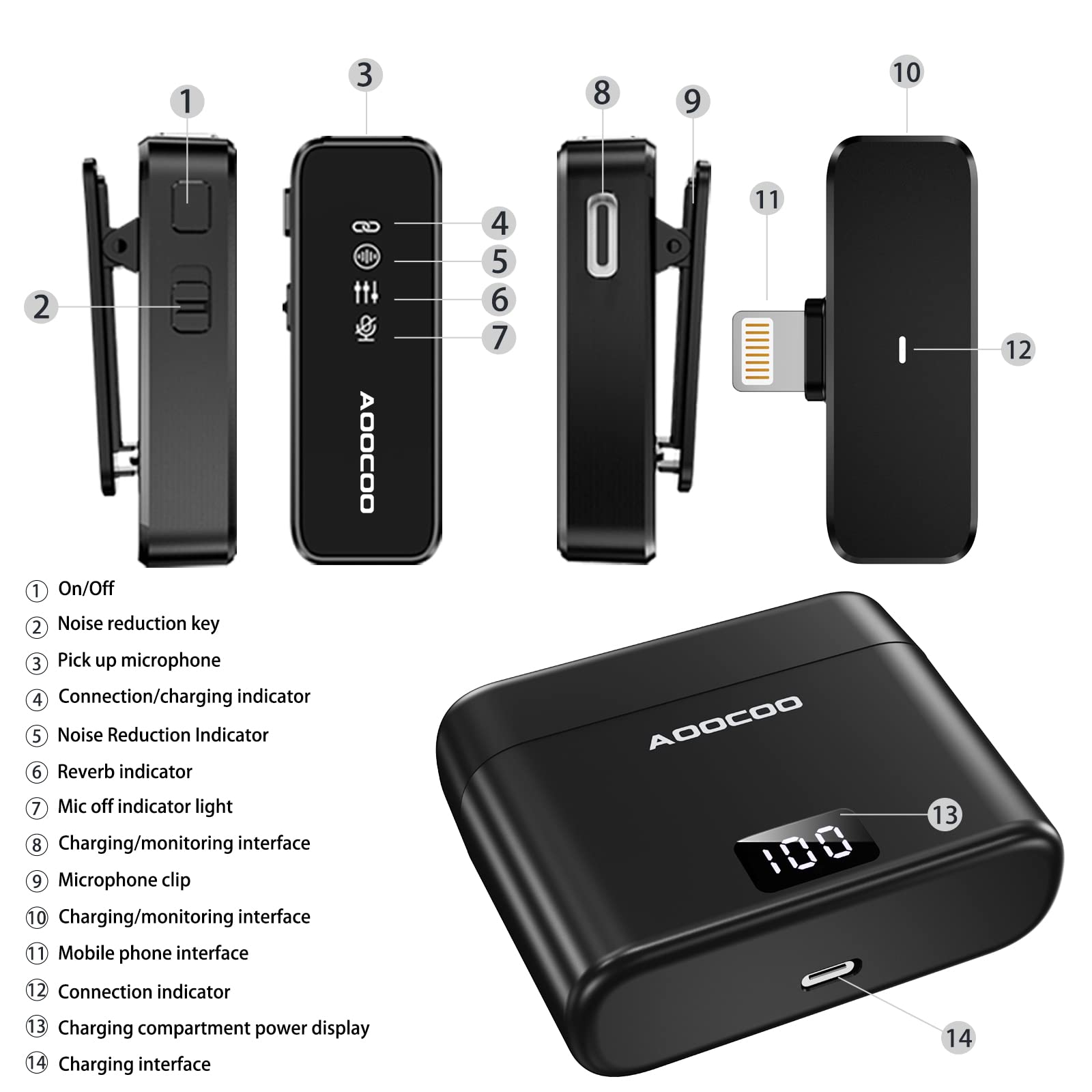 AOOCOO 2 Pack Wireless Lavalier Microphone for iPhone, Noise Reduction Plug & Play 2.4GHz Lapel Mic with Charging Case for Recording, YouTube, TikTok, Facebook Live Stream, Vlogging