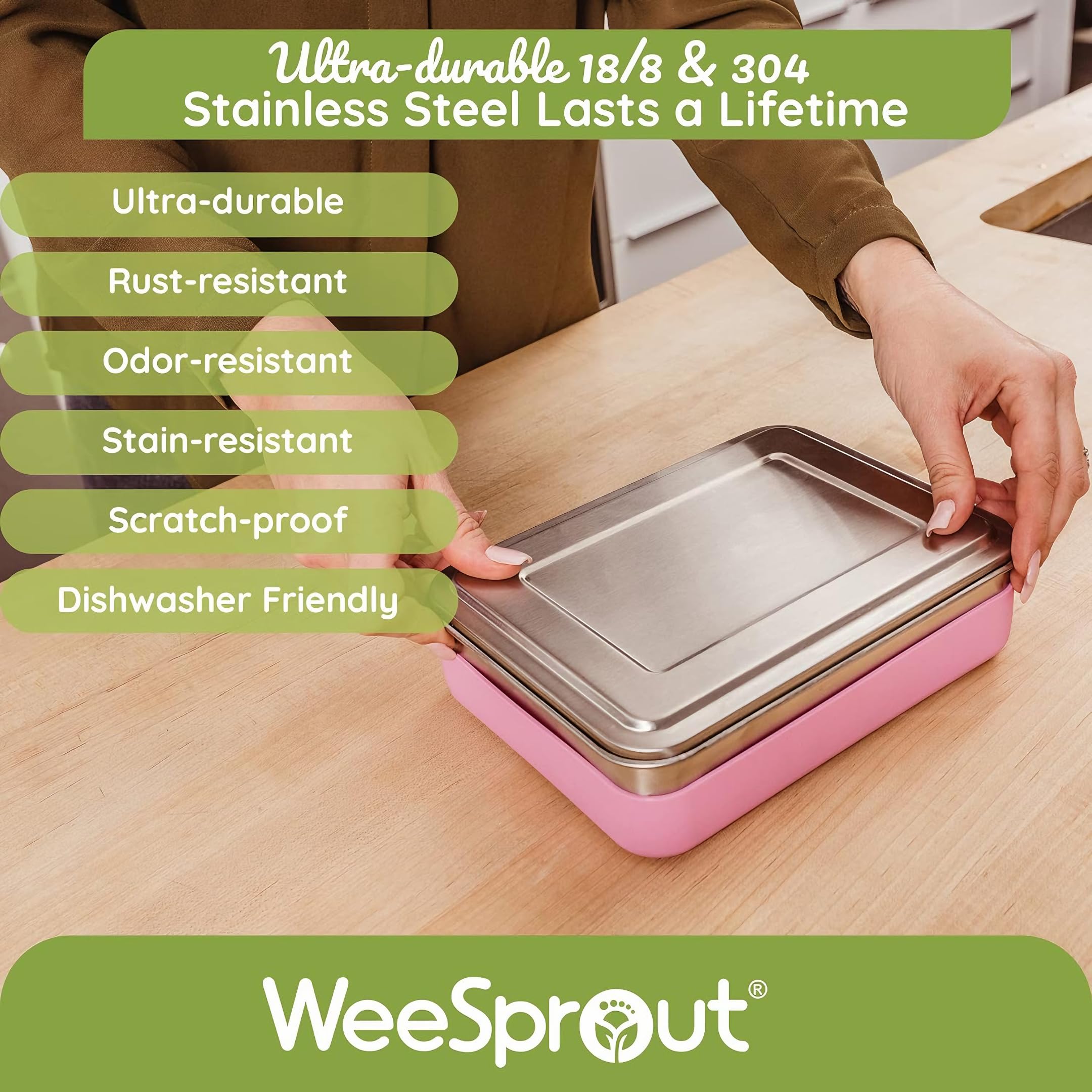 WeeSprout 18/8 Stainless Steel Bento Box (Large) - 3 Compartment Metal Lunch Box, Skid-proof Silicone, for Kids & Adults, Bonus Dip Container, Fits in Lunch & Work Bags, Dishwasher & Freezer Friendly