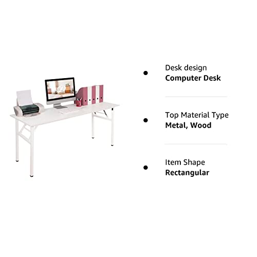 DlandHome 62 Inches Large Home Office Computer Desk, No Install Needed, Composite Wood Board, Folding Dining Table/Workstation, 62 Inches White and White Legs, 1 Pack