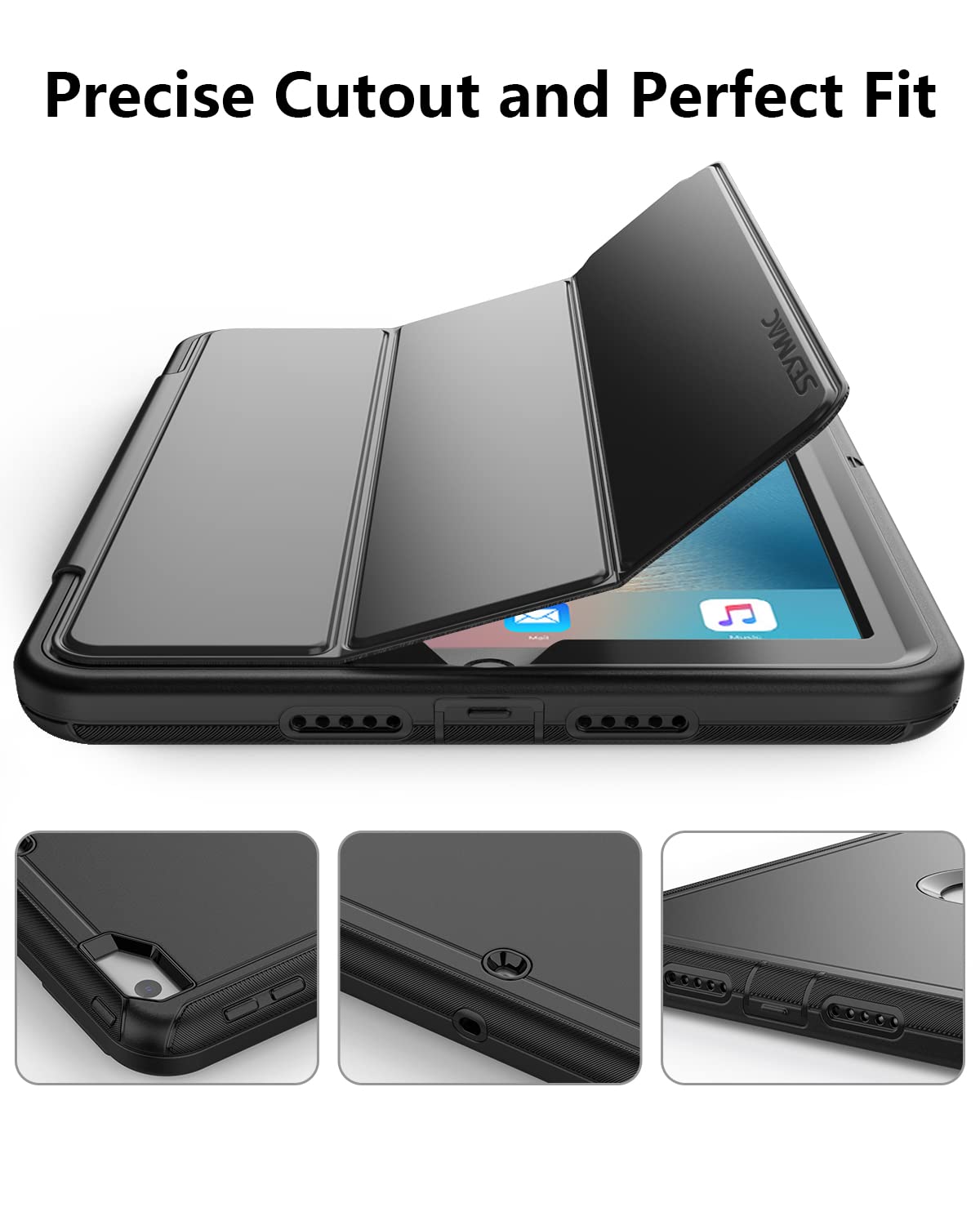 SEYMAC for iPad 6th/5th Generation Case, Sturdy Heavy Duty Shockproof Protection Folio Stand Case with Smart Cover Auto Sleep/Wake for iPad 9.7 Case, Black