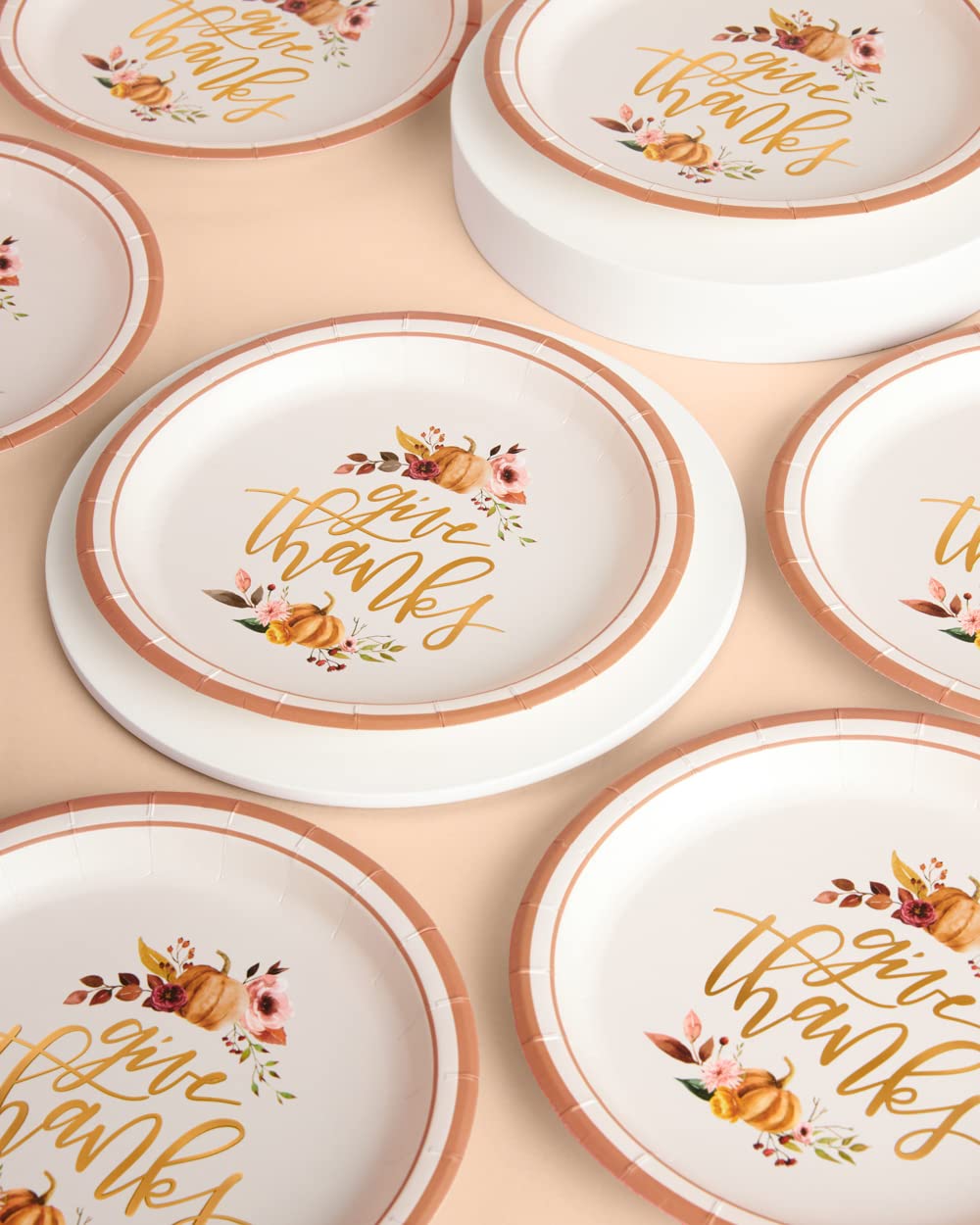 xo, Fetti Thanksgiving Gold Foil Plates - 25 count | Give Thanks Decorations, 9" Dinner Plate, Autumn Leaves, Pumpkins, Fall Table Decor