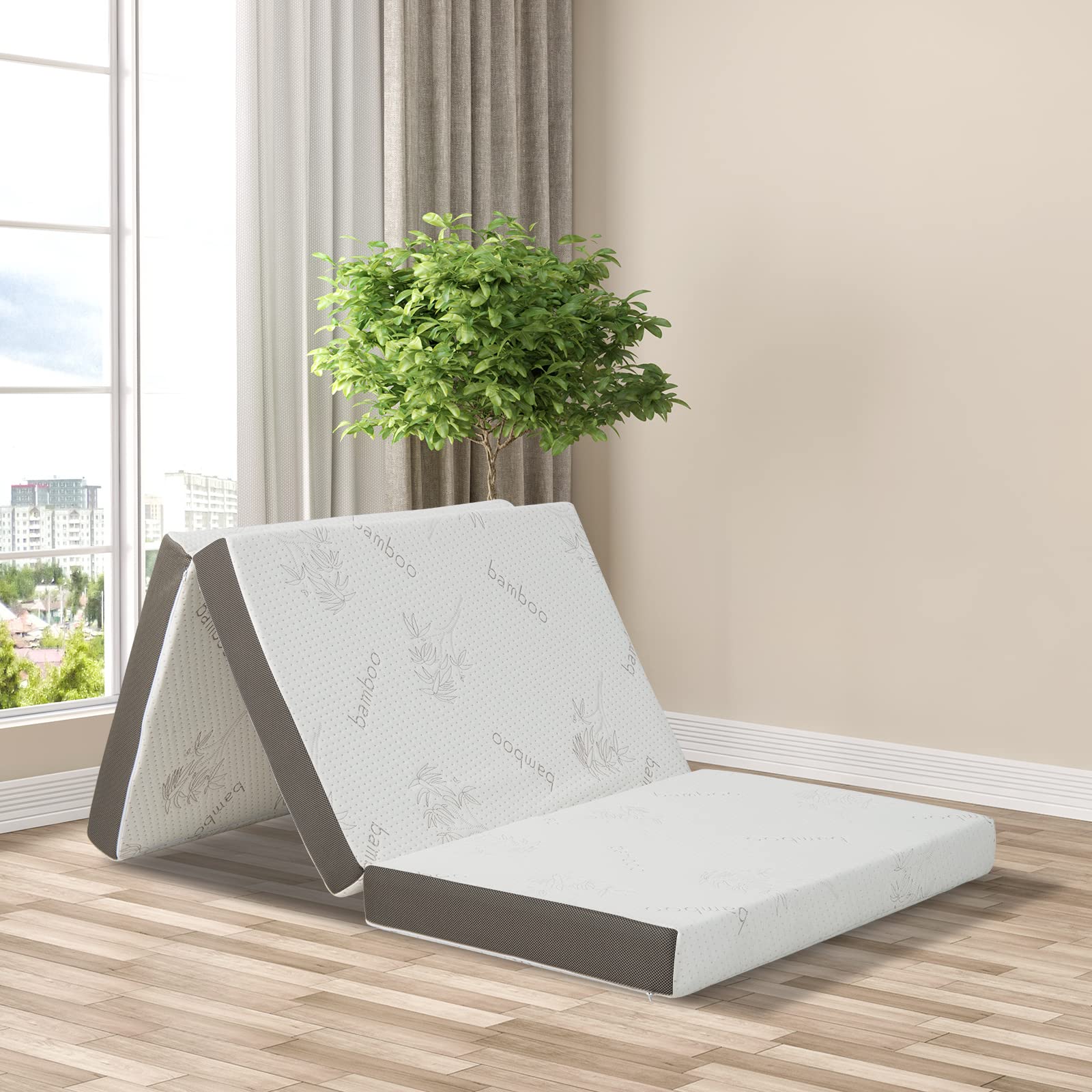 GOFLAME Memory Foam Tri-Fold Mattress, 4β Foldable Floor Mattress with Storage Bag & Removable Cover, Cool Gel Memory Mattress with Bamboo Fabric for Guest Room, Living Room, RV, Camp (Full)