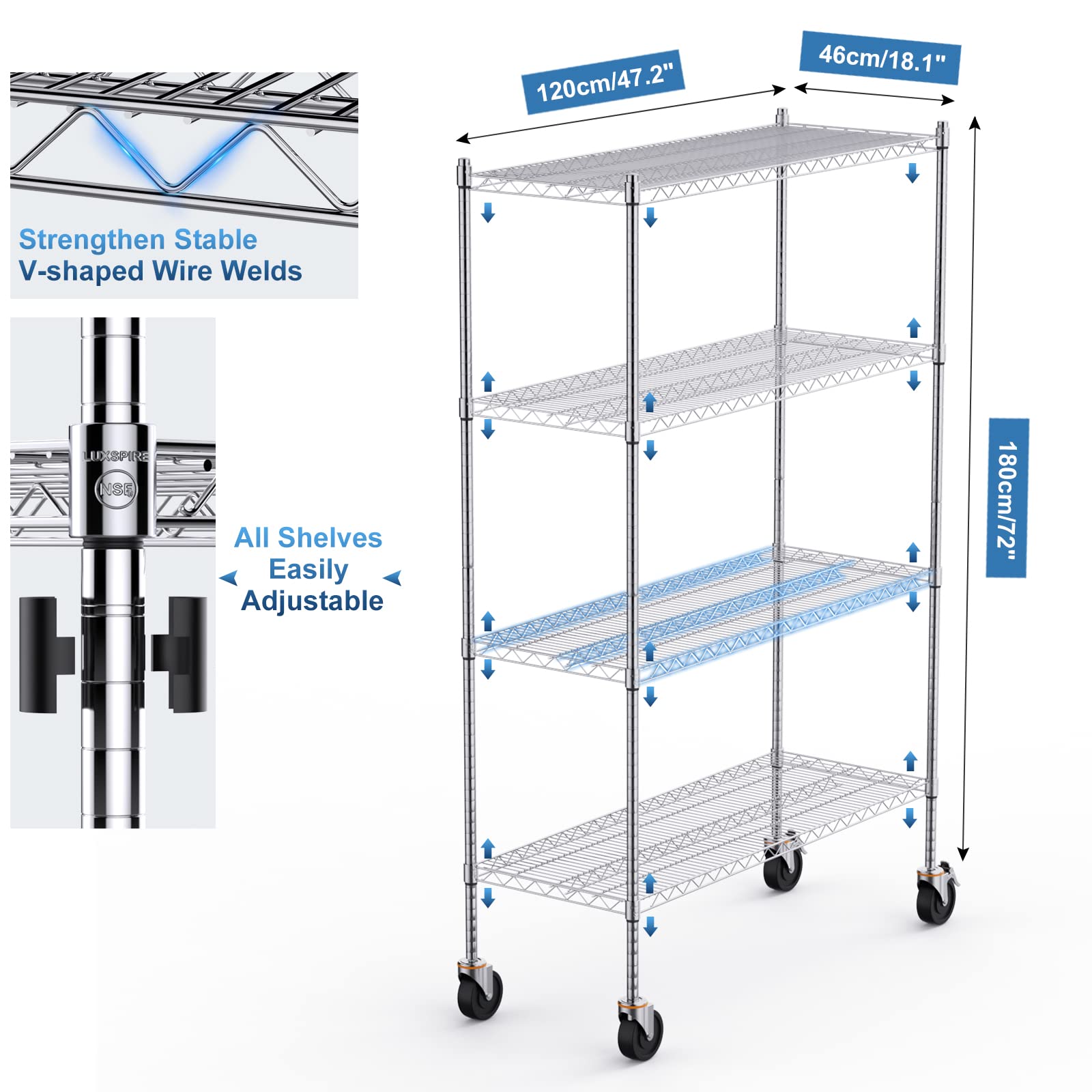 Luxspire Wire Shelving Unit with Wheels, 2400LB Heavy Duty NSF Commercial-Grade Adjustable Storage Shelves, Metal Shelving Utility Rack, Kitchen Garage Organizer Shelf Rack,4-Tier 48x18x72 in, Chrome