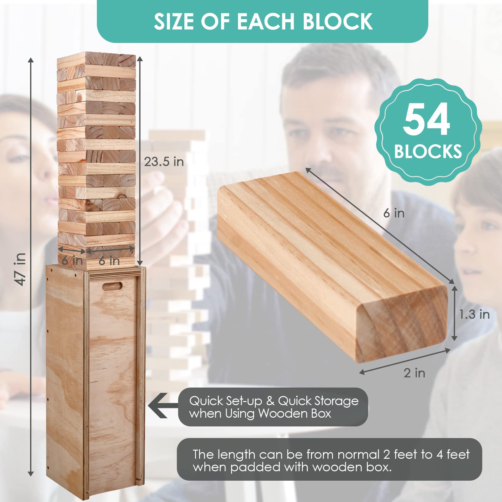 CELETOY Giant Stacking Game, Quick Set-up & Quick Storage Block Wooden Tower Game Set with Carrying Bag and Tumble Tower Box, Grows to Over 6ft, Lawn Games Backyard Outdoor