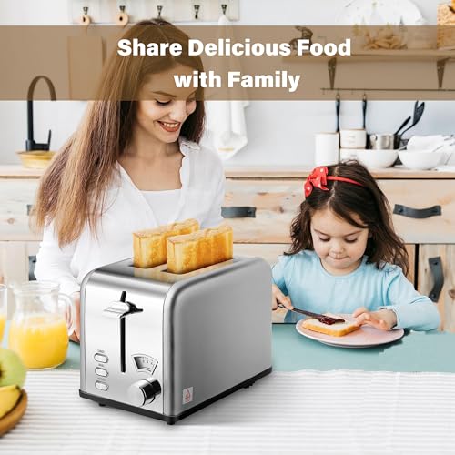 Simple Deluxe Stainless Steel Toaster 2 Slice with 1.5β Wide Slot & Removable Crumb Tray, 5 Shade Options and Bagel/Defrost/Cancel Functions, for Various Bread & Waffle, Retro Silver