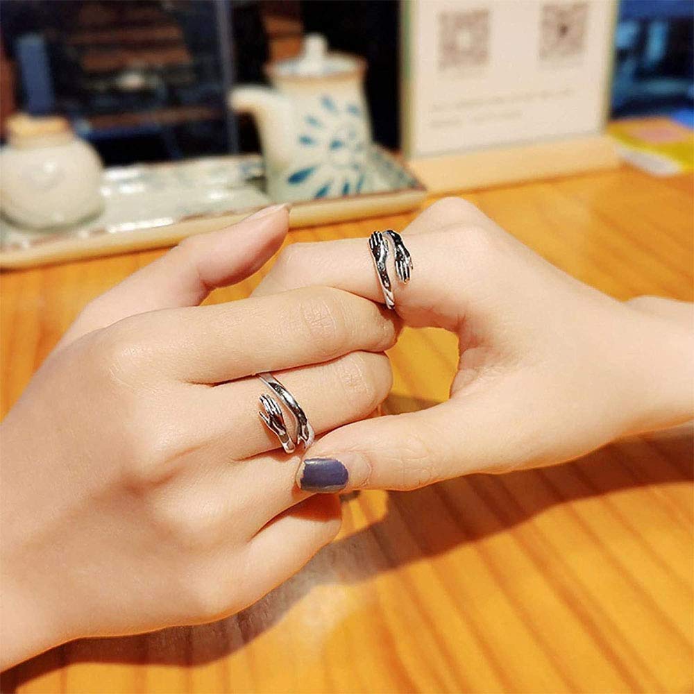 7mohugme Hug Ring 925 Sterling Silver Rings for Women Girls Silver Hugging Hands Open Ring Jewelry Hug Hands Statement Rings Wedding Bands (Silver Hug Ring)