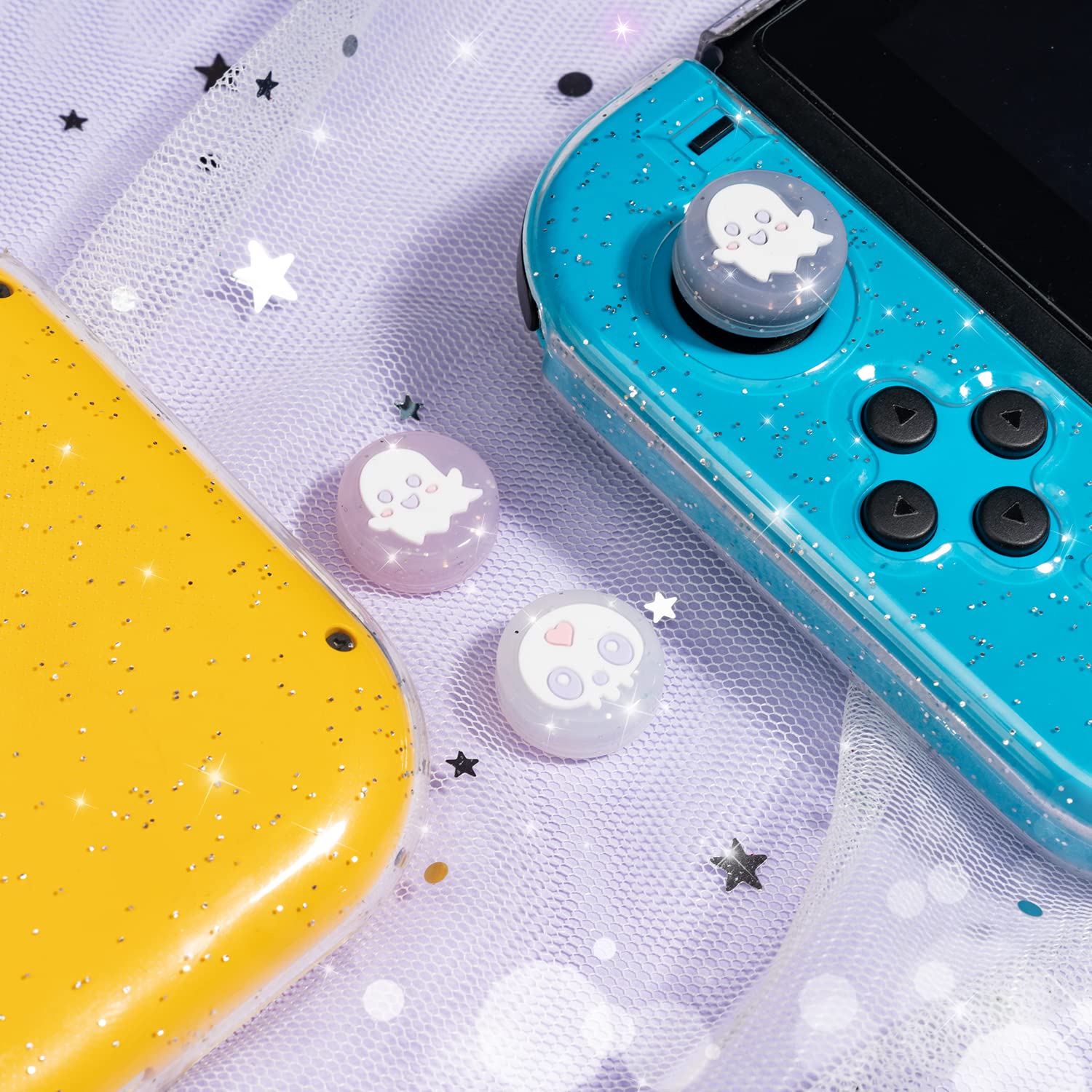 BelugaDesign Ghost Thumb Grips | Halloween Gothic Clear Jelly Glitter Joystick Grip Button Caps | Compatible with Nintendo Switch Standard Lite OLED