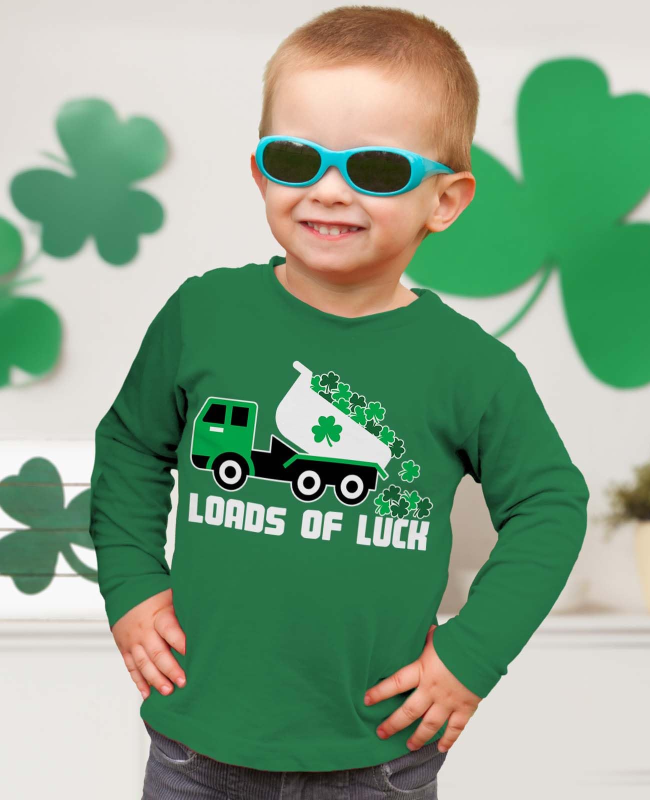 Tstars Boys St. Patrick's Day Shirt - Construction Trucks Design - Lucky St. Patty's Toddler Kids Long Sleeve Tee 3T Green